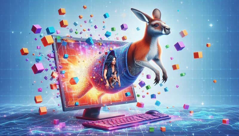 Creative Digital Art of Kangaroo Emerging from Computer Stock ...