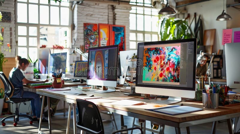 Creative Digital Art Studio with Modern Computer Monitors and Artwork. Generative AI Stock Image ...