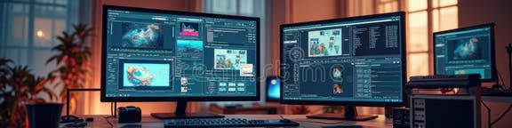 Creative Digital Art Studio with Multiple Monitors Displaying Complex ...
