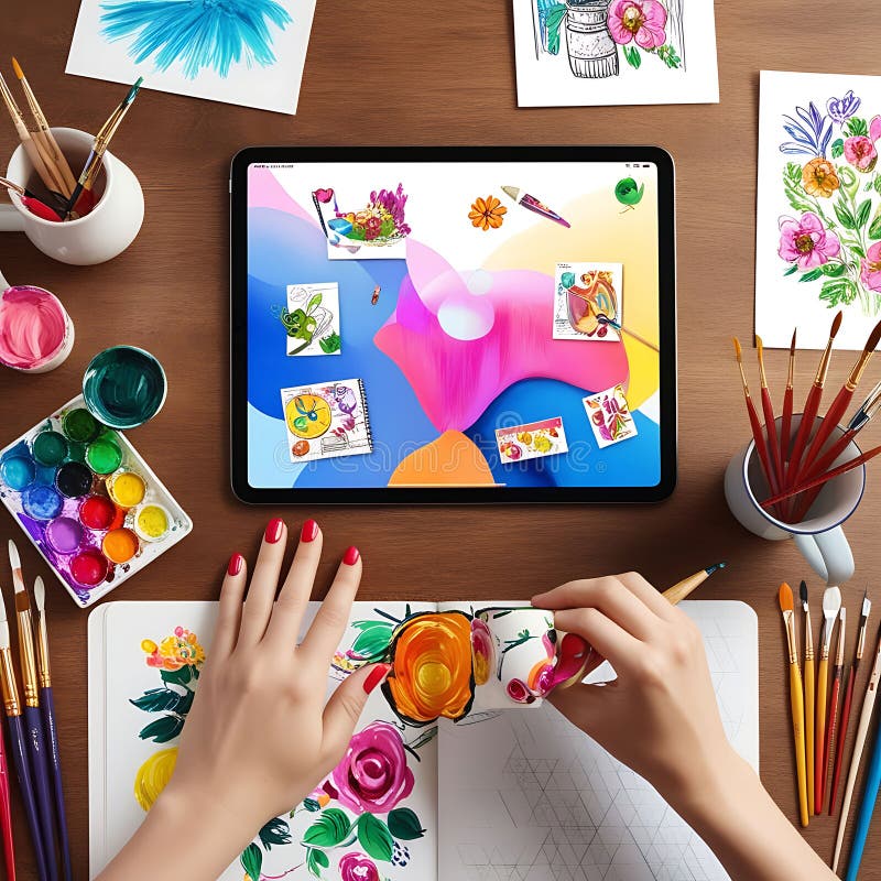 Creative Digital Art Workspace with Tablet, Vibrant Sketches, and Mug ...