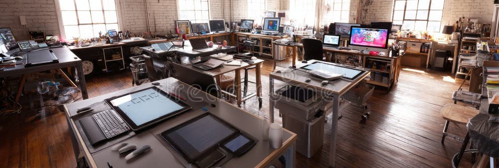 Creative Digital Artist Studio Featuring Multiple Tablets and Screens ...