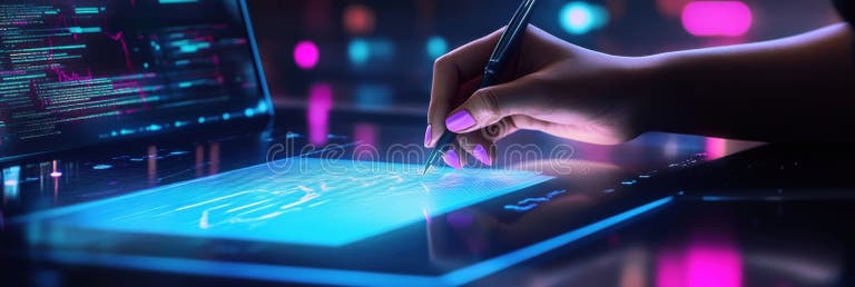 Creative Digital Artist Using Graphic Tablet To Design High Tech ...
