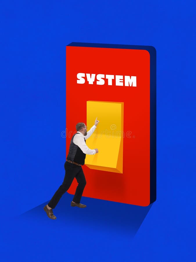 Creative Digital Artwork. Man Pushing Giant System Switch Collage As ...