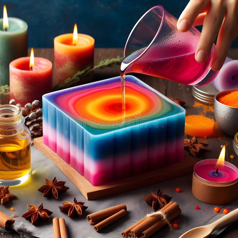 Vibrant Candle Pour Art with Rainbow Liquid Effects Stock Illustration ...