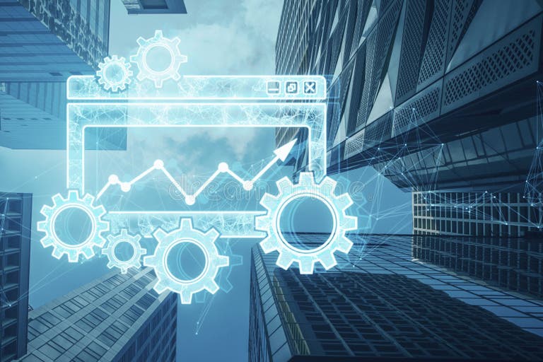 Creative Digital Computer Folder with Cogs, Mesh and Arrows on Blurry ...