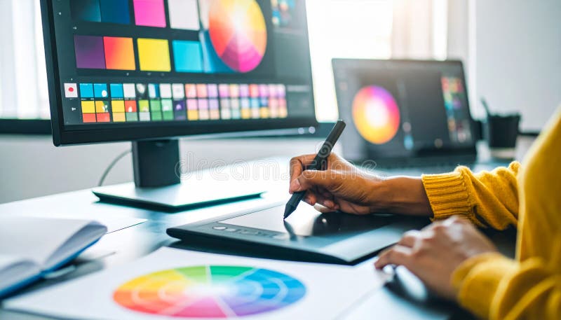 Creative Digital Design Workspace Featuring a Designer Using a Graphics ...