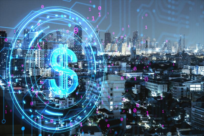 Creative Digital Dollar Sign on Blurry Night City Backdrop. Digital ...