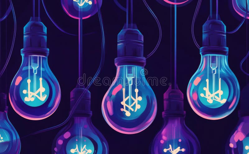 Creative Digital Illustration of Glowing Light Bulbs in a Dark Room ...