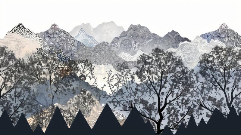 A Creative Digital Illustration Showcasing a Stylized Mountain Range ...
