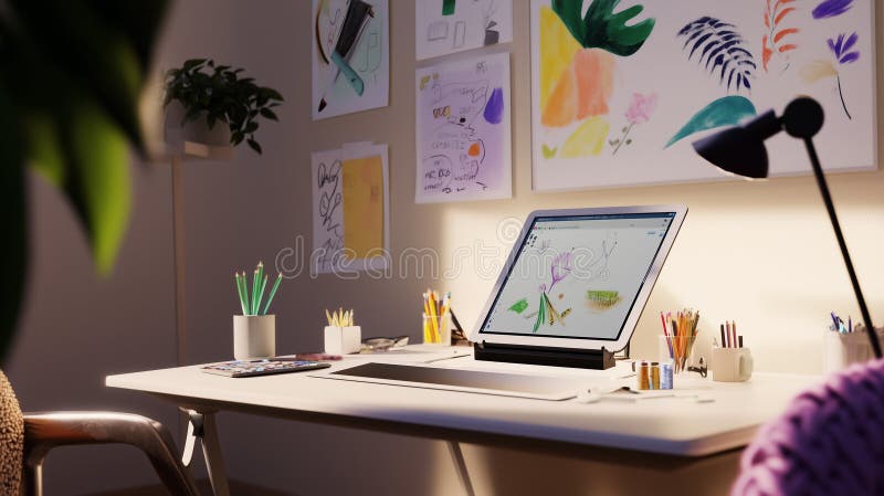 Creative Digital Illustration Workspace Featuring Art Tools Computer ...