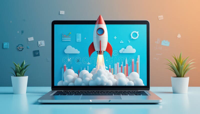 Creative Digital Launch Illustrating a Rocket Taking Off from a Laptop ...