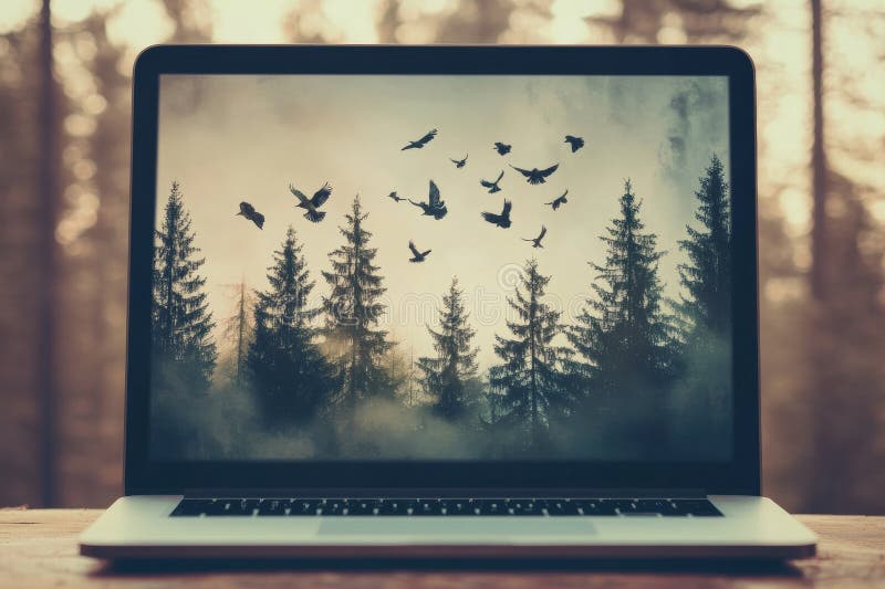 Creative Digital Nature Workspace with Pine Trees and Birds Flying in a ...