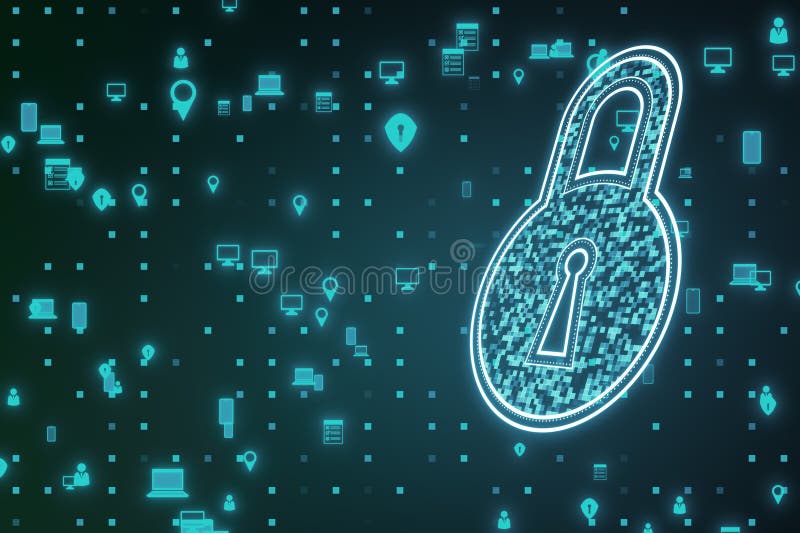 Creative Digital Padlock Hologram and Pixel Icons on Blurry Blue ...