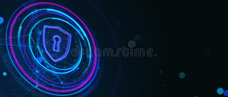 Creative Digital Round Polygonal Shield Button on Dark Wide Background ...