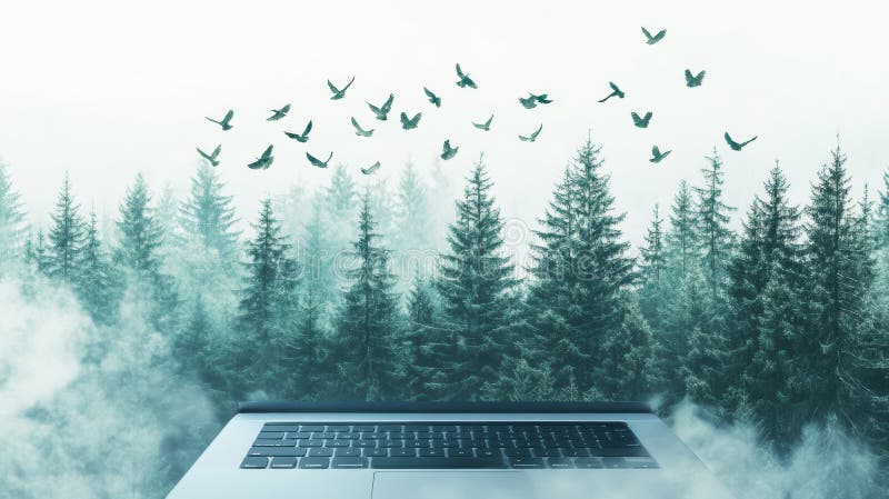 Creative Digital Workspace Featuring a Laptop Screen Filled with Pine ...
