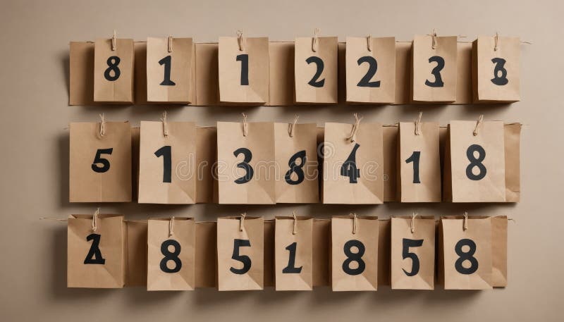 Creative Display of Numbered Paper Tags Arranged in a Grid on a Neutral ...