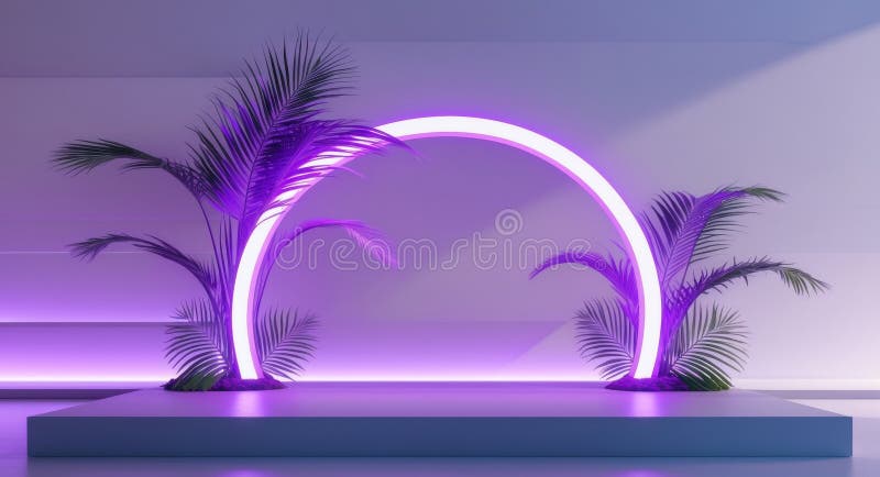 Creative Display with Purple Neon Arch and Palm Leaf in Modern ...
