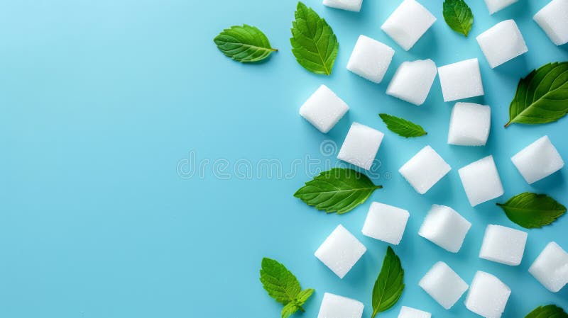 Creative Display of Sugar Cubes and Fresh Mint Leaves on Blue ...
