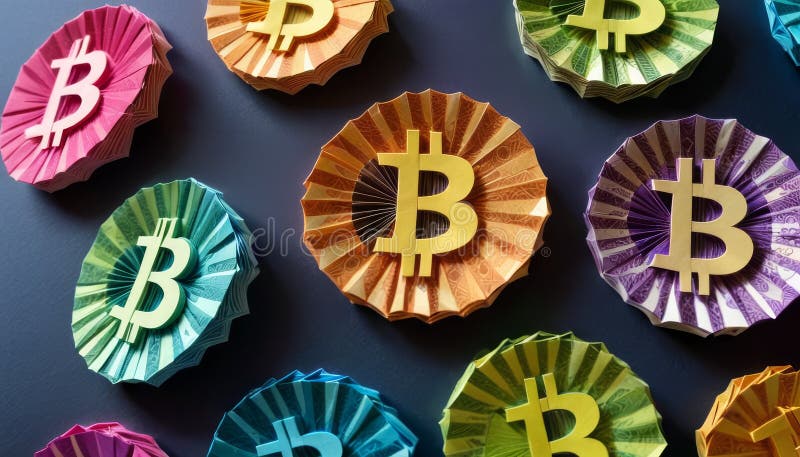 Colorful Bitcoin Origami Art on Dark Background Stock Photo - Image of ...