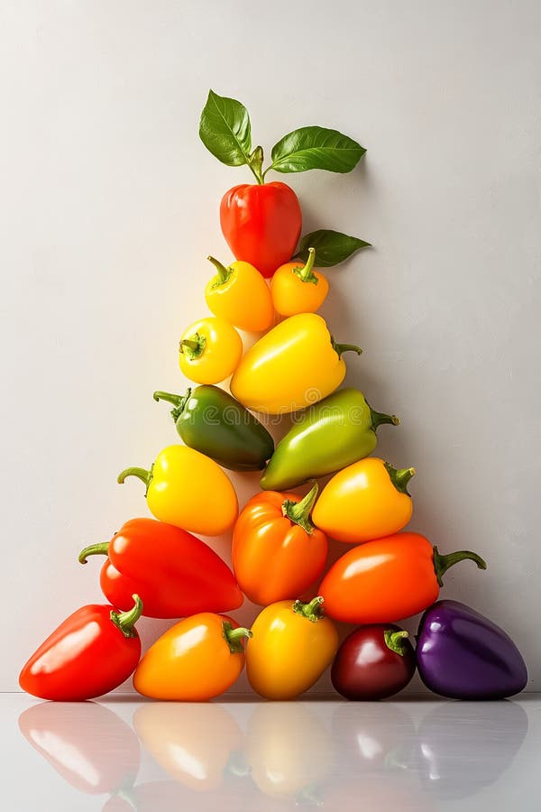 A Creative Display of Various Peppers is Artfully Stacked To Form a ...