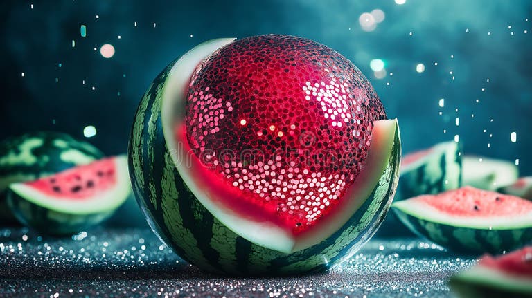 Creative Display of Watermelon with Sparkling Red Elements and Sliced ...