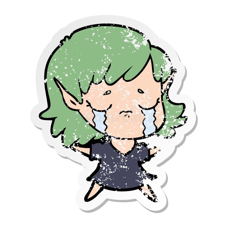 A Creative Distressed Sticker of a Cartoon Crying Elf Girl Stock Vector ...