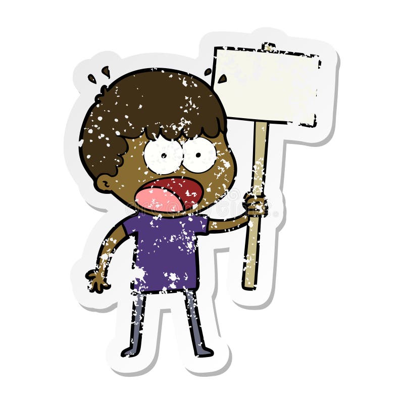 A Creative Distressed Sticker of a Cartoon Shocked Man with Placard ...