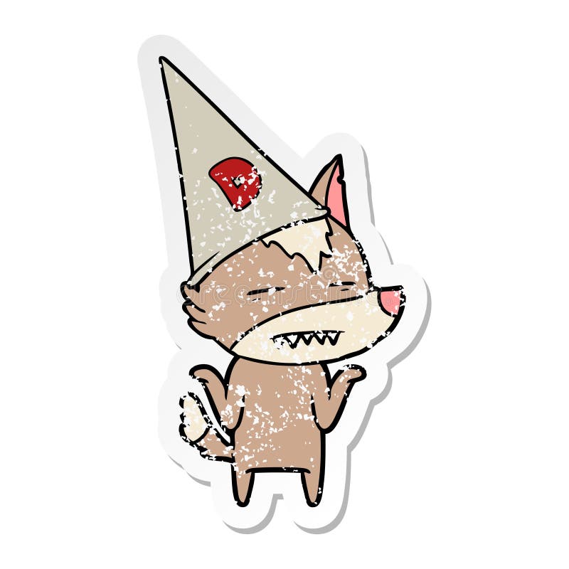 A Creative Distressed Sticker of a Cartoon Wolf Wearing Dunce Hat Stock ...