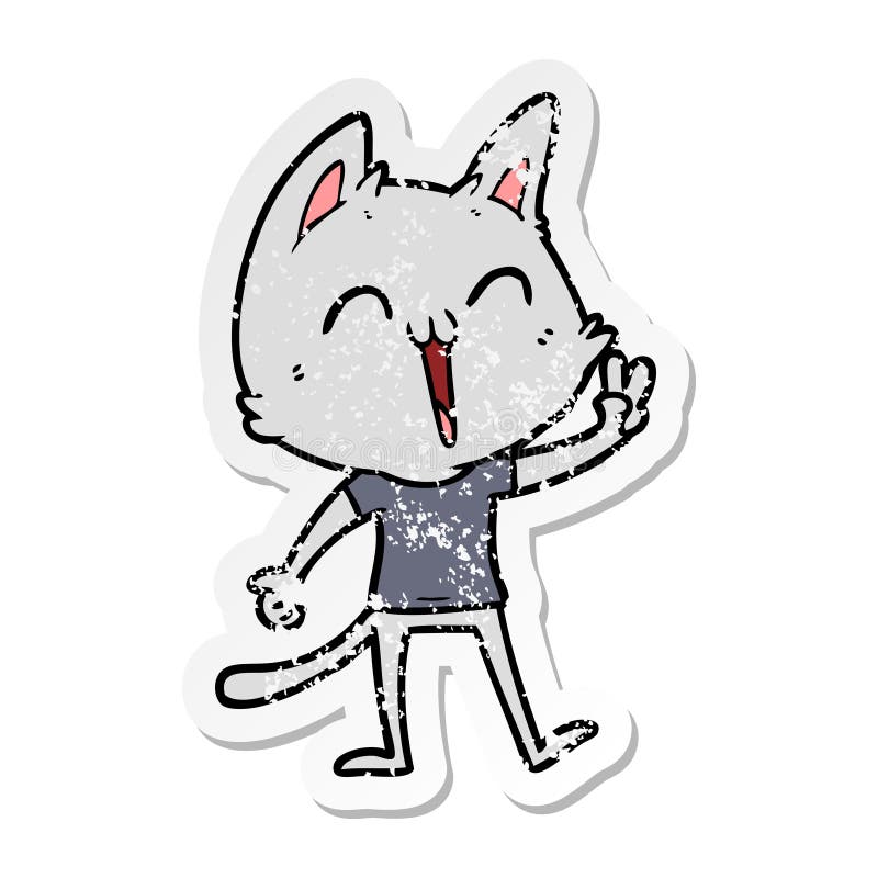 A Creative Distressed Sticker of a Happy Cartoon Cat Meowing Stock ...
