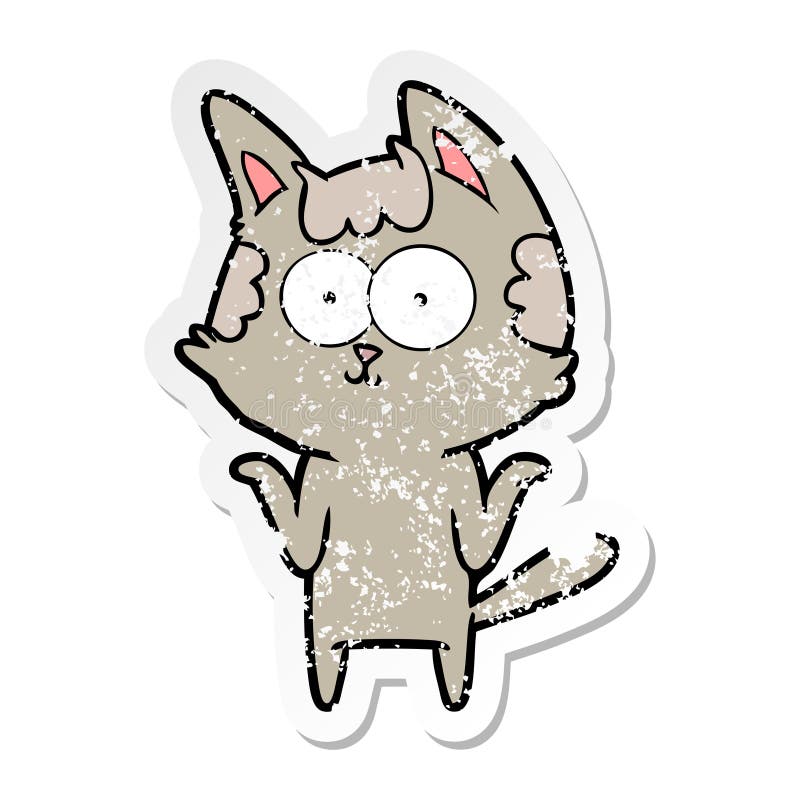 A Creative Distressed Sticker of a Happy Cartoon Cat Shrugging ...