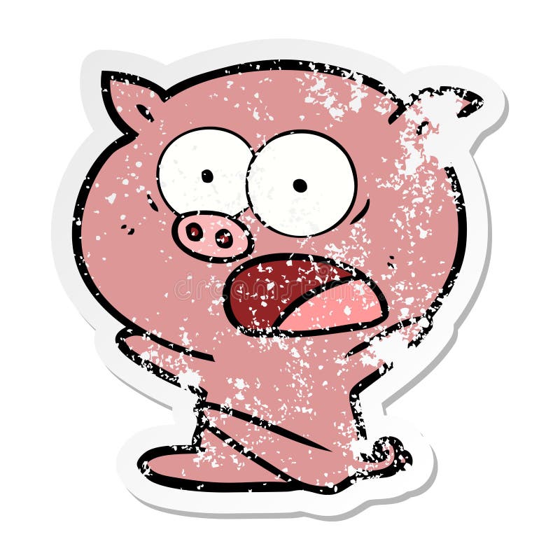 A Creative Distressed Sticker of a Shocked Cartoon Pig Sitting Down ...