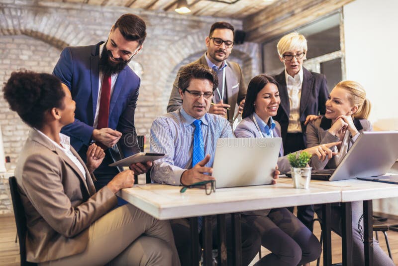 Colleagues Team Discuss Online Project Use Computer at Workplace Stock ...