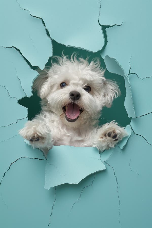 Bichon Friese Breaking through a Hole in the Wall. Creative Dog Banner ...