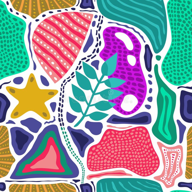 Creative Doodle Art Seamless Pattern with Different Shapes and Textures ...