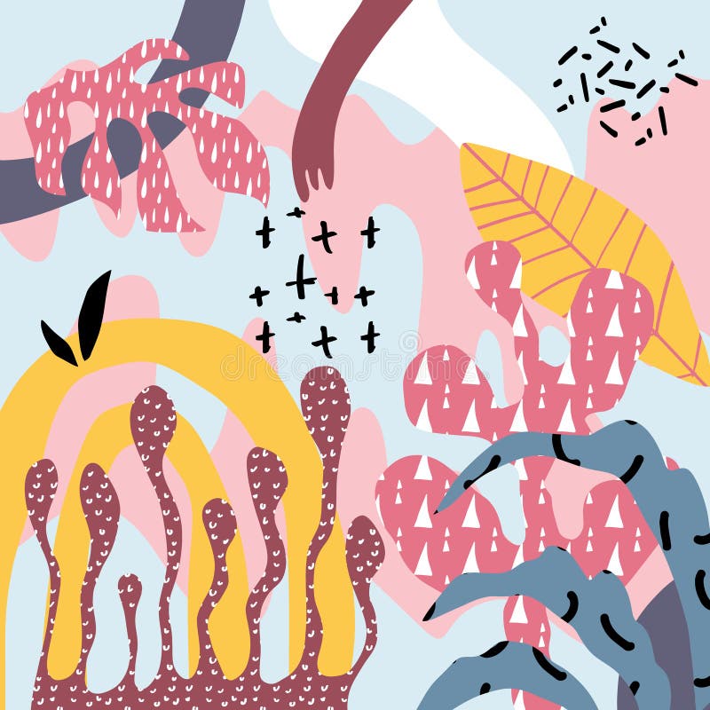 Creative Doodle Collage Art with Plants and Corals Shapes and Different ...