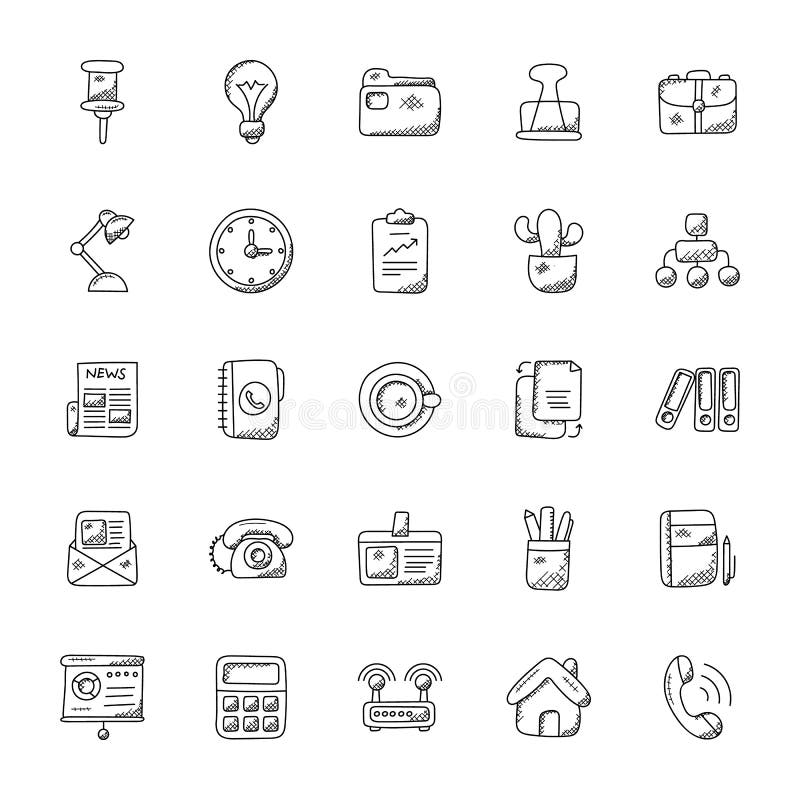 Office Doodle Icon Set stock illustration. Illustration of table ...
