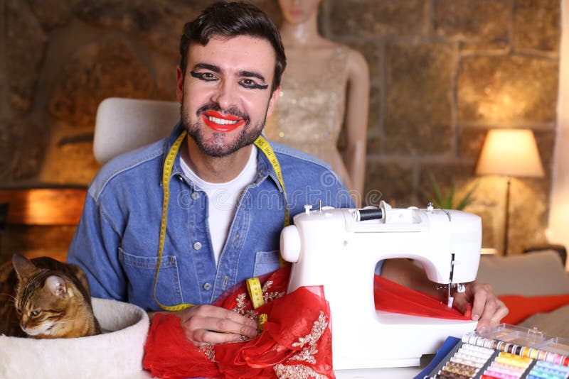 Creative Drag Queen Getting a Dress Ready with Sewing Machine Stock ...