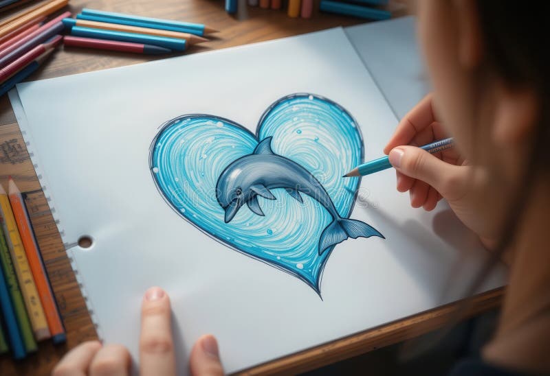 Creative Drawing of a Dolphin in a Heart Shape Using Colored Pencils ...