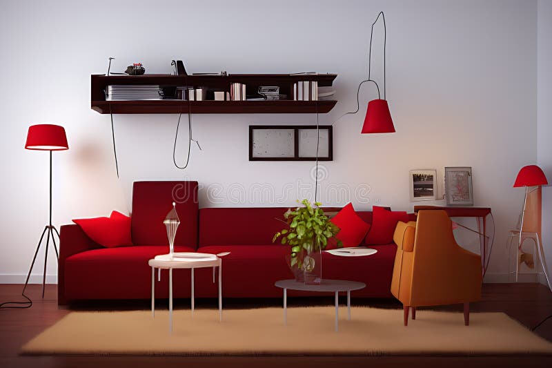 Creative Drawing Room, Wall Paint Color Brown Red with Sofa Stock ...