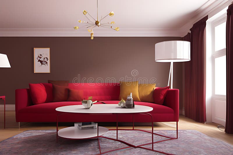Creative Drawing Room, Wall Paint Color Brown Red with Sofa Stock ...