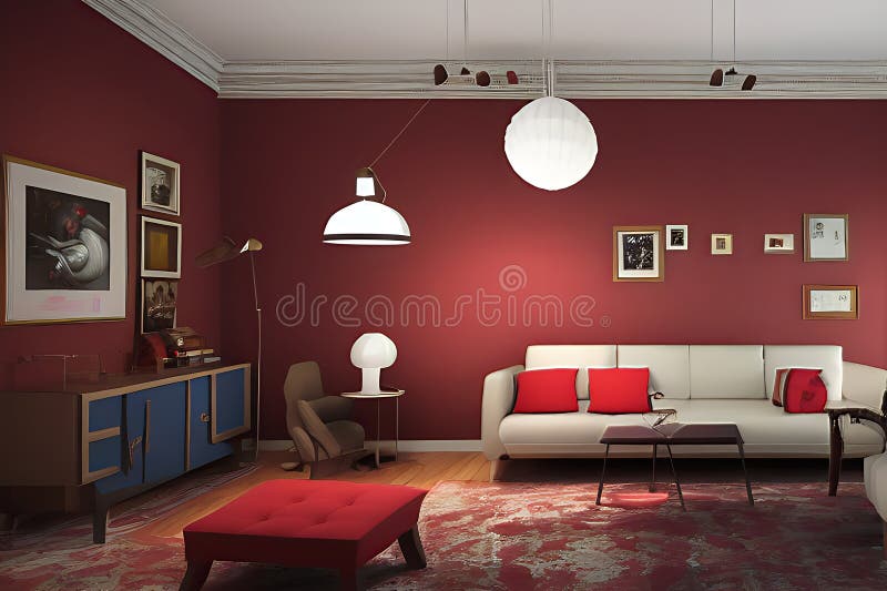 Creative Drawing Room, Wall Paint Color Brown Red with Sofa Stock ...