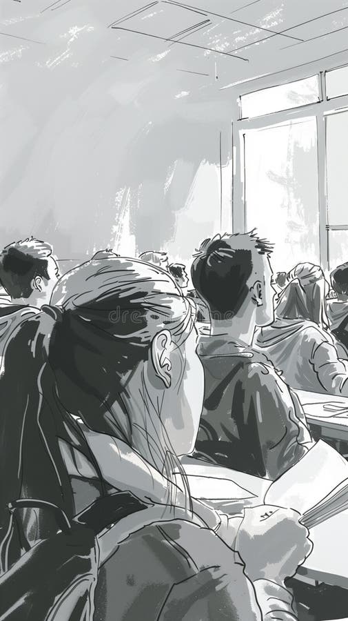 Creative Drawing of Students Attentively Listening To a Lecture in a ...
