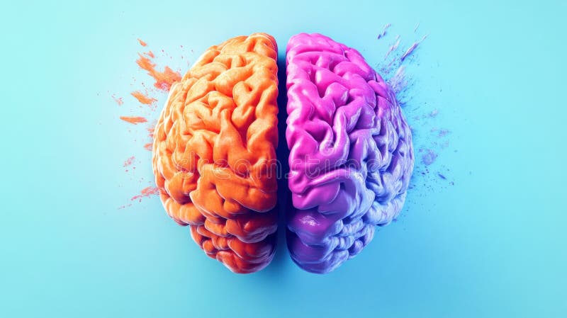 Creative Dual-Colored Brain with Splashes on Blue Background Stock ...