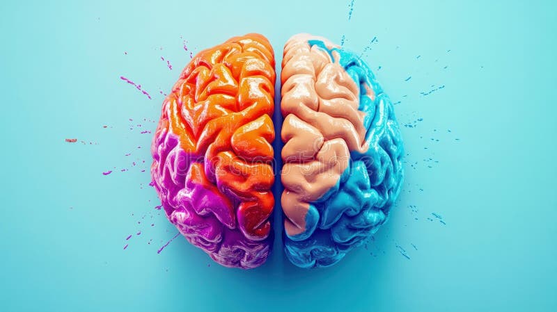 Creative Dual-Colored Brain with Splashes on Blue Background Stock ...