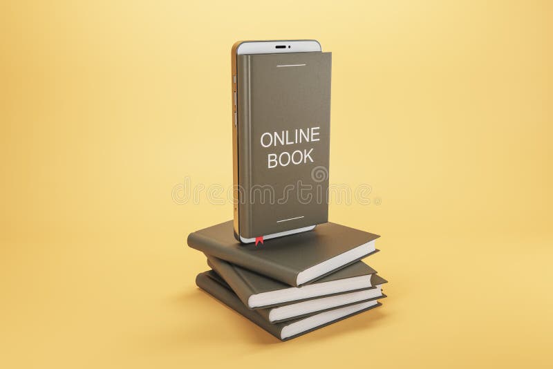 Creative E-book Concept Image with Mobile Phone and Stacked Books on ...