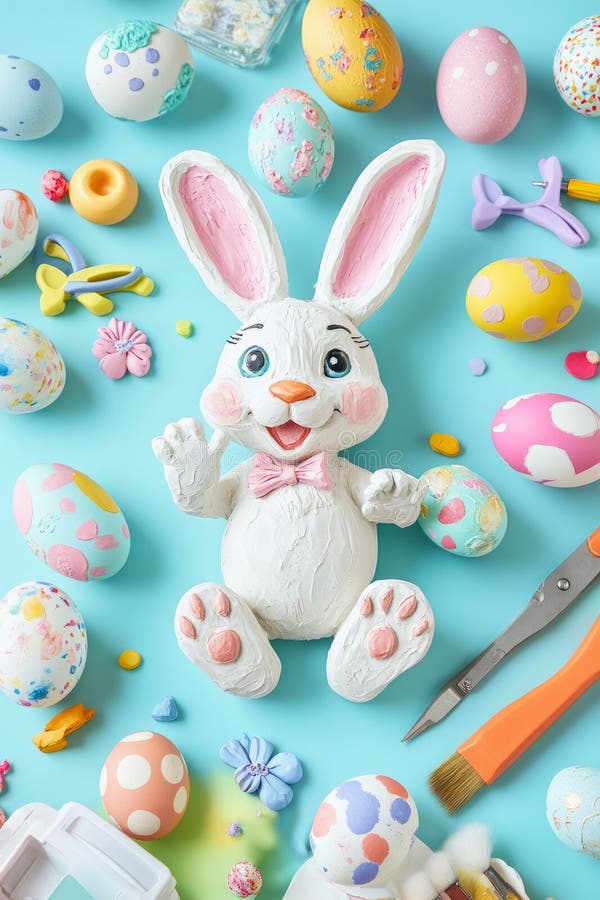 Creative Easter Bunny Sculpted Clay Surrounded Array Hand Painted Eggs ...