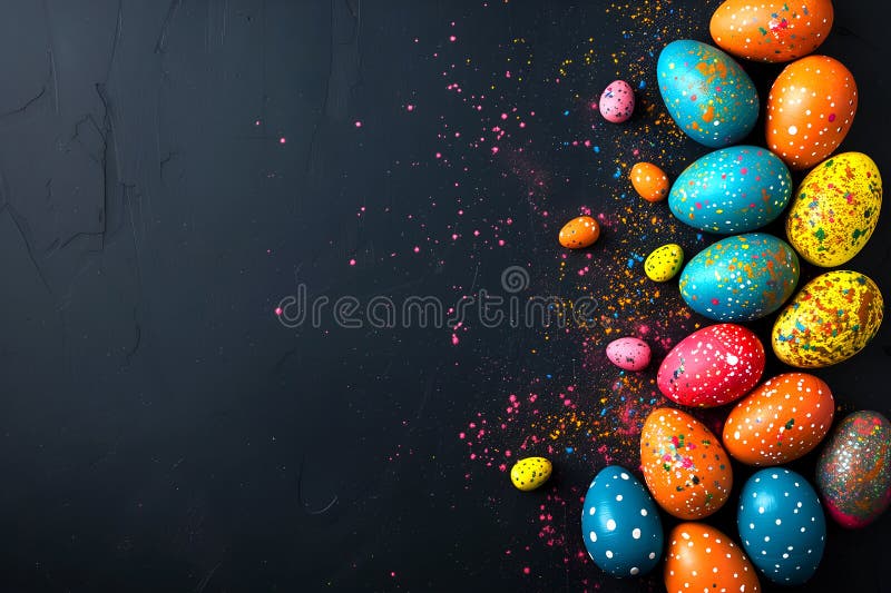 Easter Concept. Collection of Small and Big Handmade Powder Paint Splatter Eggs on Dark Rough ...