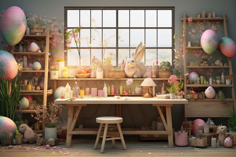 Creative Easter Craft Station with Supplies for Stock Illustration ...