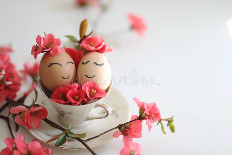 Creative Easter Eggs with Cute Face, Sleepy Eyes and Spring Flowers in ...