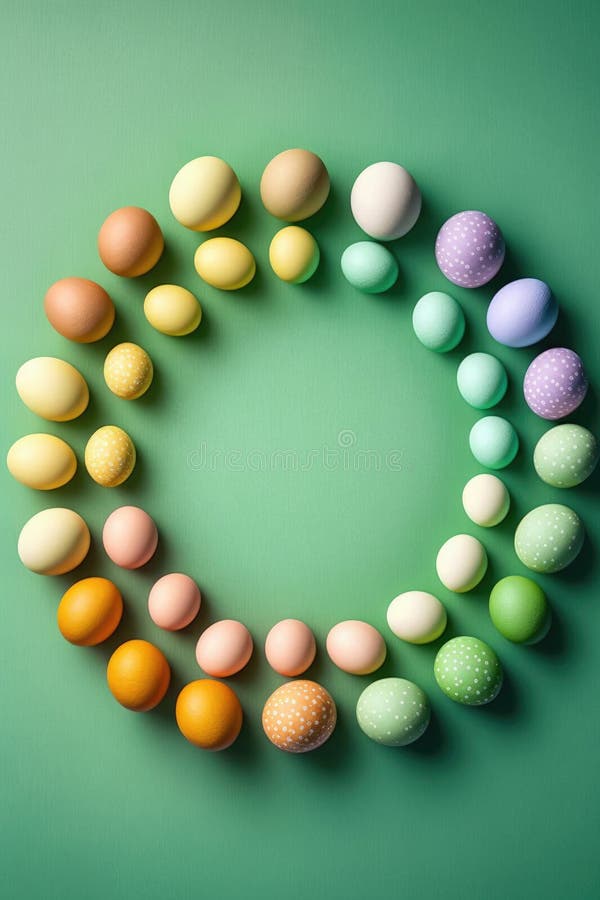 Creative Easter Layout of Colorful Eggs on a Green Background ...